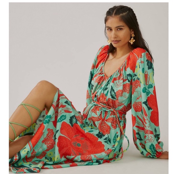 FARM Rio | Dresses | Farm Rio Poppy Flower Print Maxi Dress In Green ...